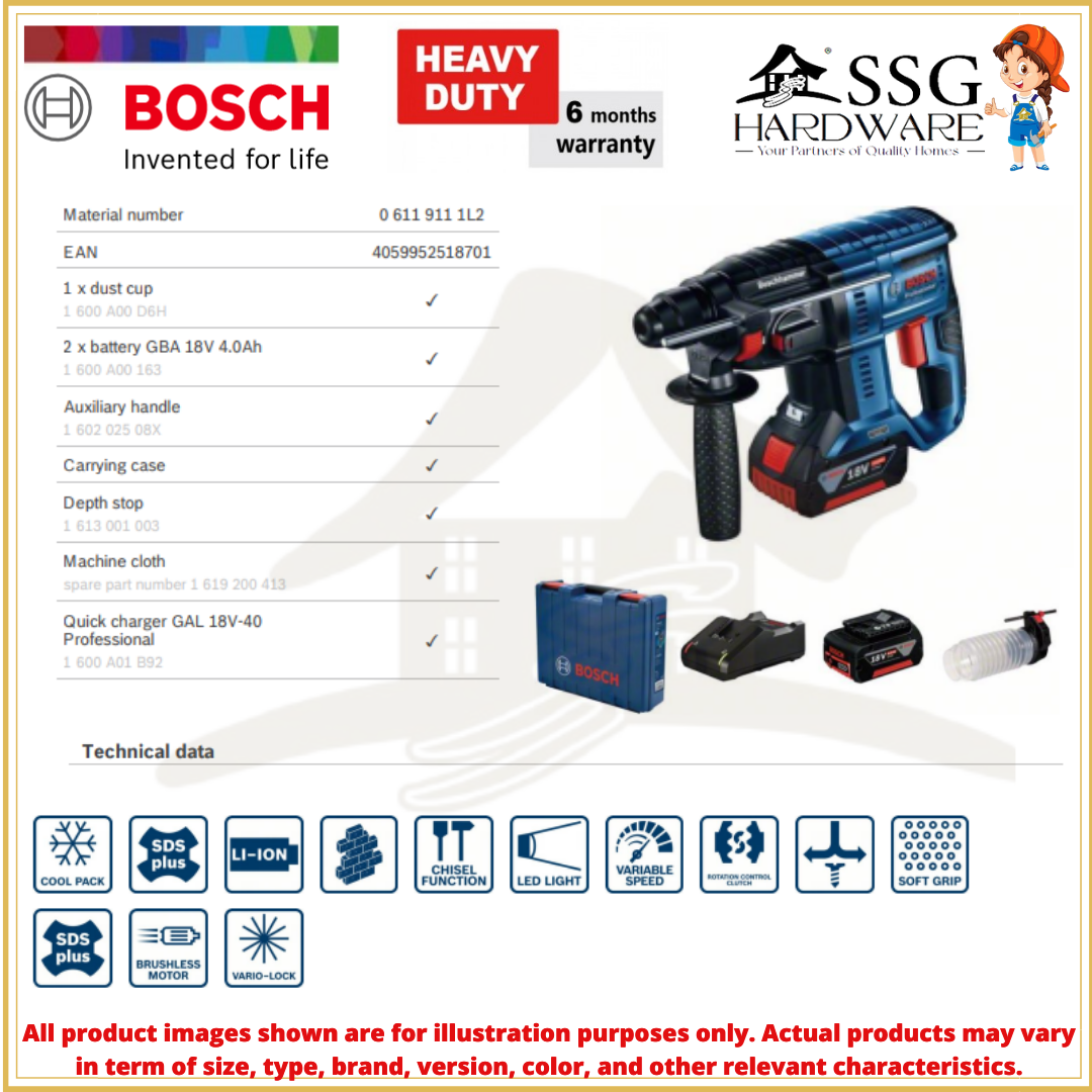 Bosch GBH 180-Li 18V Brushless Cordless Rotary Hammer Impact Drill ...