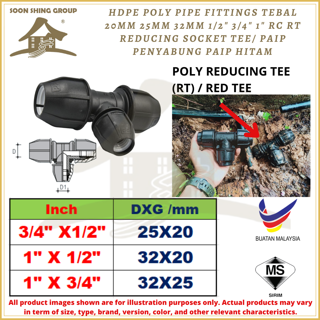 HDPE Poly Pipe Fittings Tebal 20mm 25mm 32mm 1/2" 3/4" 1" RC RT ...