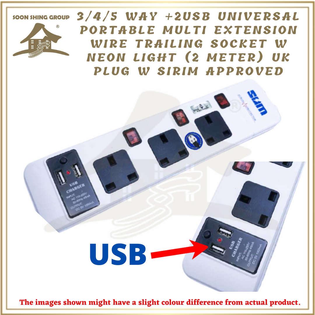 3 4 5 Way 2usb Universal Portable Multi Extension Wire Trailing Socket W Neon Light 2 Meter