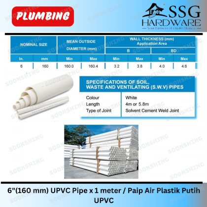 6" 160 mm BBB UPVC PIPE WHITE Paip Air Putih Plastik Paip Air Plastik Paip Getah/ Paip Putih ...