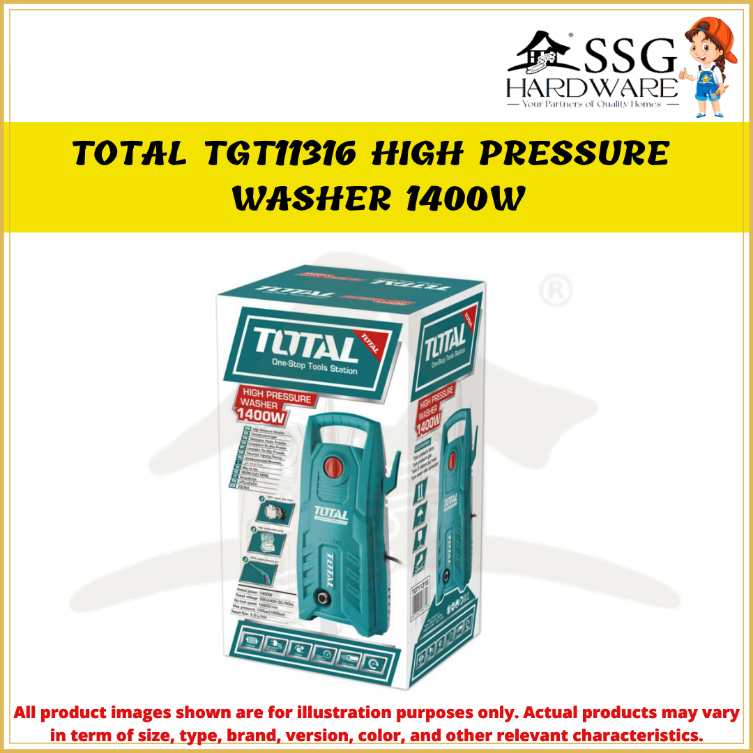 TOTAL TGT11316 HIGH PRESSURE WASHER 1400W /HIGH PRESSURE WATER JET FLOOR / CLEANING CAR WATER ...