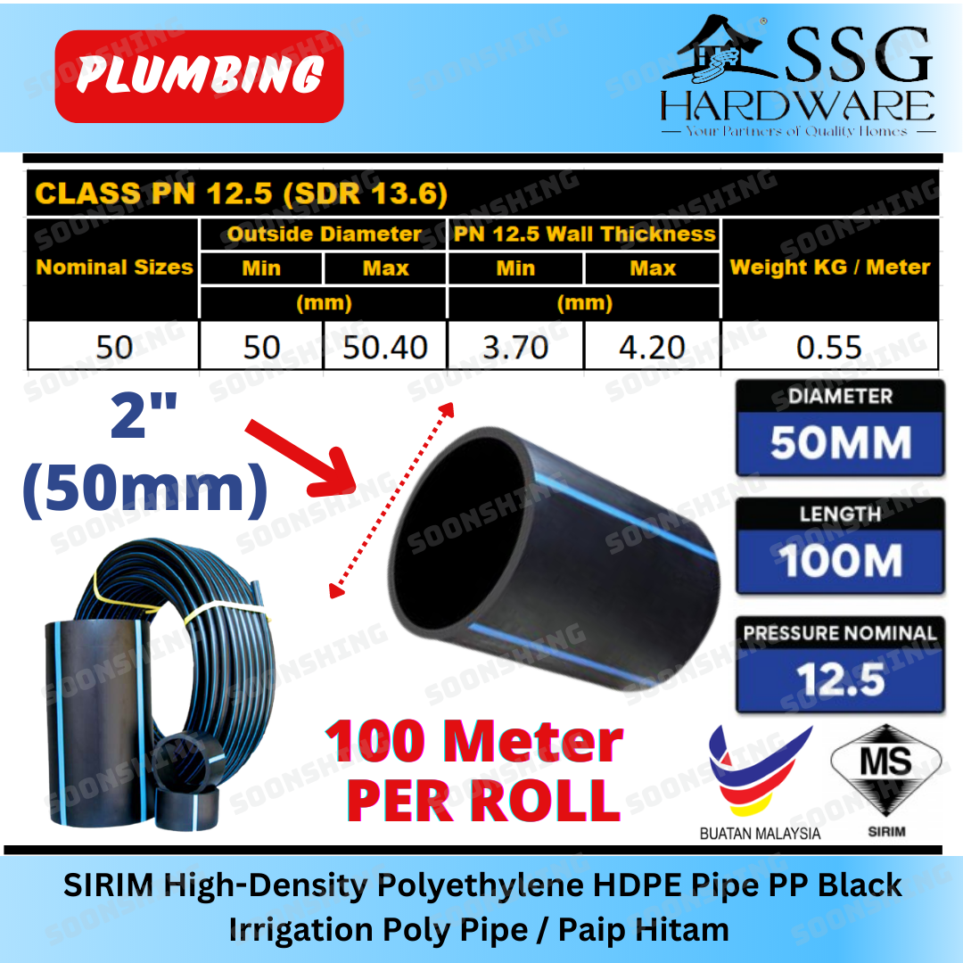 50mm x 100 Meter / Roll SIRIM High-Density Polyethylene HDPE Pipe PP Black Irrigation Poly Pipe ...