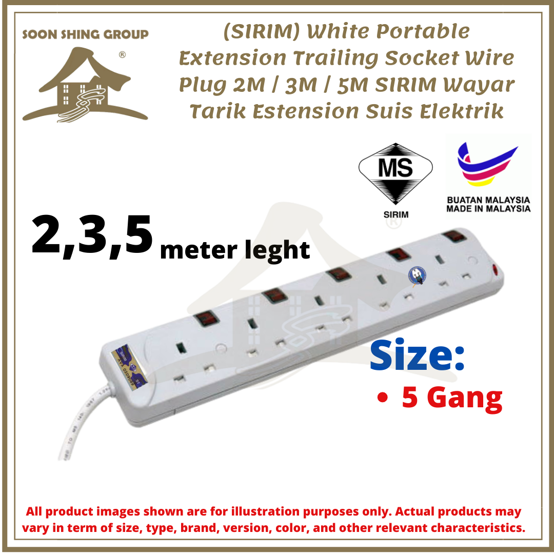 (SIRIM) White Portable Extension Trailing Socket Wire Plug 2M / 3M / 5M ...