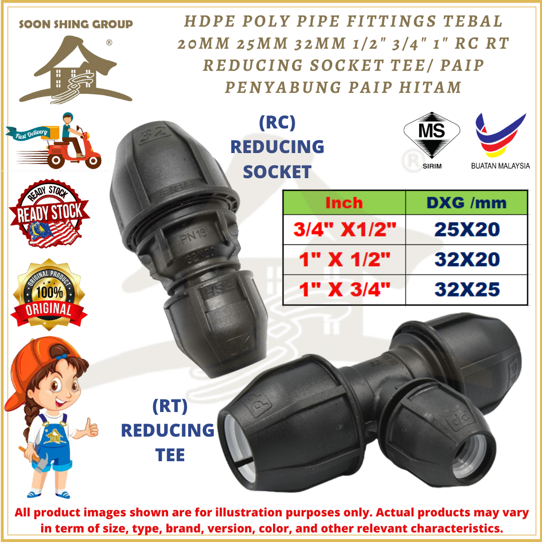 Hdpe Poly Pipe Fittings Tebal 20mm 25mm 32mm 12 34 1 Rc Rt Reducing Socket Tee Paip