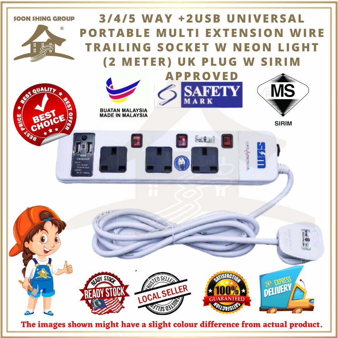 3 4 5 Way 2usb Universal Portable Multi Extension Wire Trailing Socket W Neon Light 2 Meter